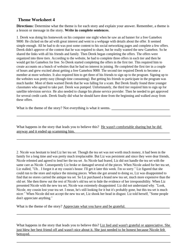 Theme Worksheet 4 Analysis | PDF | Mystery, Thriller & Crime Fiction