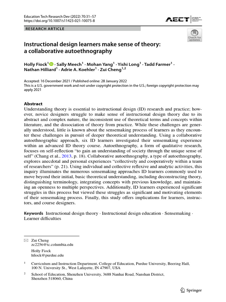 Fiock 2021 Instructional Design Learners Make Sense of Theory | PDF ...
