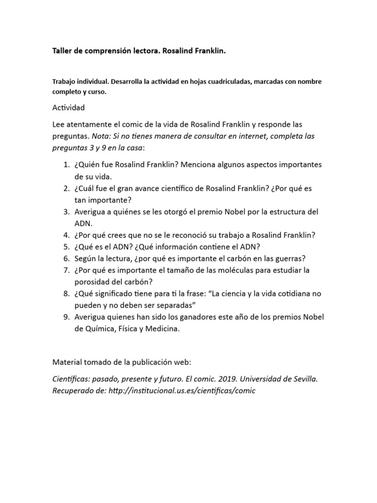 Taller sobre Rosalind Franklin y su legado | PDF | Adn