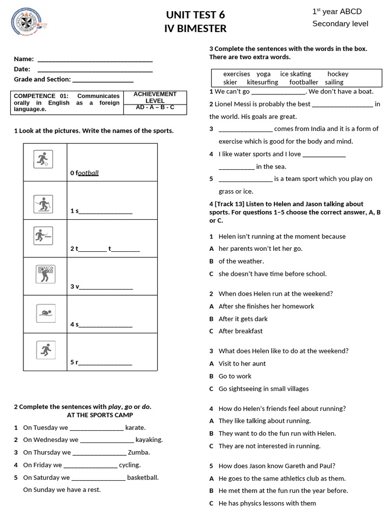 Test Unit 6 1st Year Writing | PDF