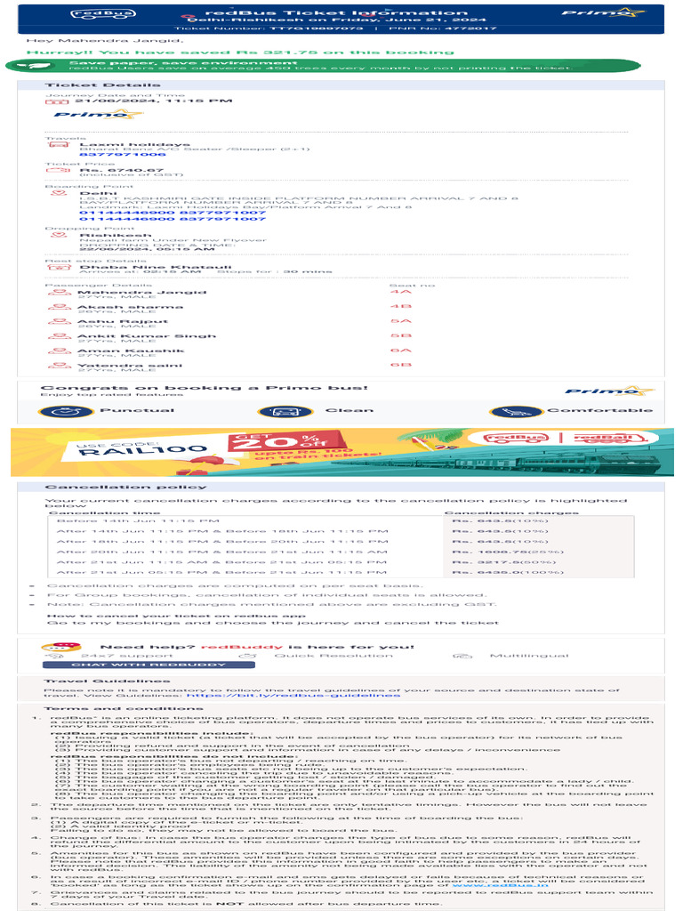 RedBus Ticket and Cancellation Details | PDF | Bus