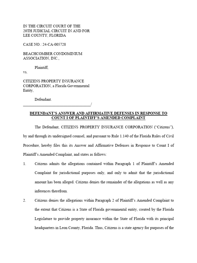 Beachcomber Revised Answer To Count I | PDF | Complaint | Affirmative Defense