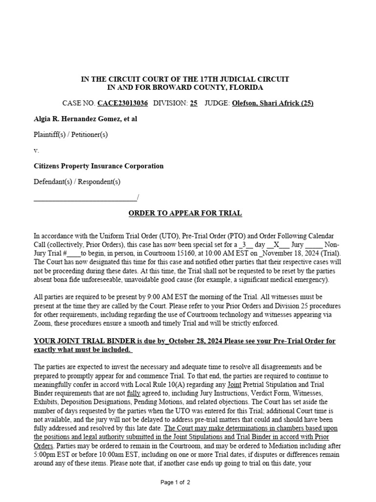 Broward County Trial Order CACE23013036 | PDF | Trials | Courtroom