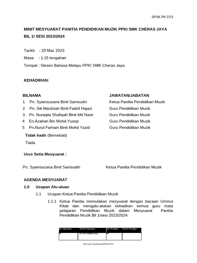 MINIT MESYUARAT Muzik 1 (2023) | PDF
