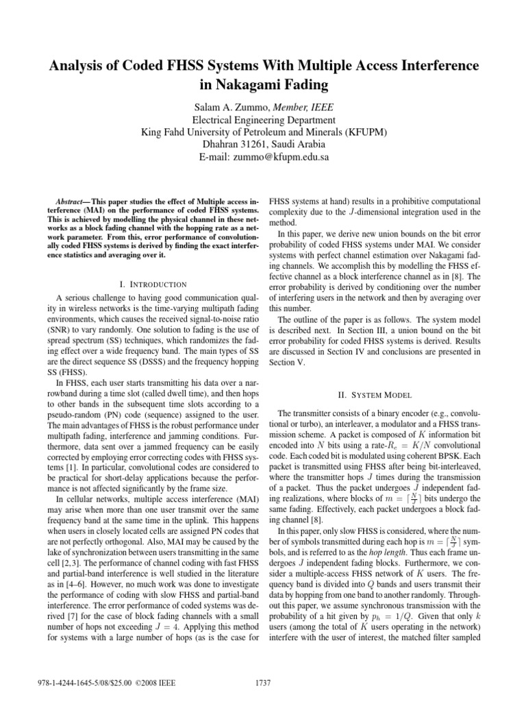 Analysis of Coded FHSS Systems With Multiple Access Interference in ...