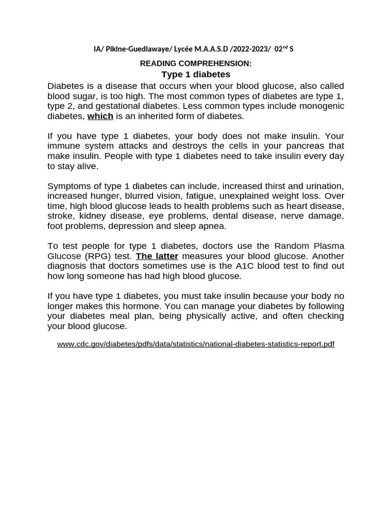 Reading Comprehension Types of Diabetes 2022 | PDF | Diabetes ...