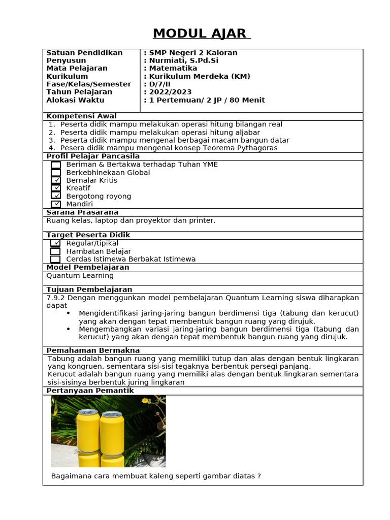 MODUL AJAR - Bangun Ruang - Pertemuan 2 | PDF