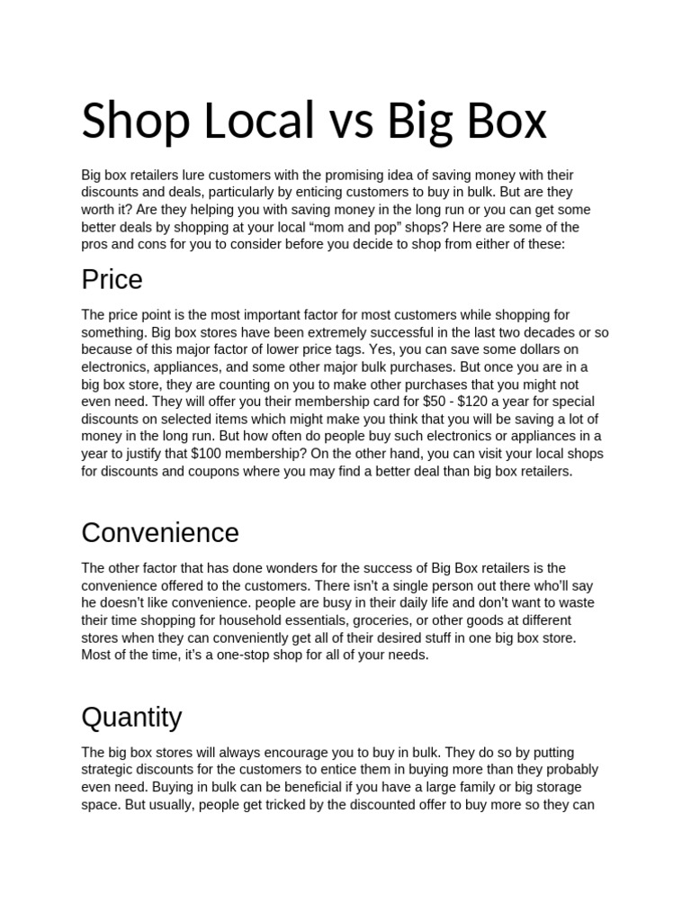 Shop Local Vs Big Box | PDF | Retail | Big Box Store