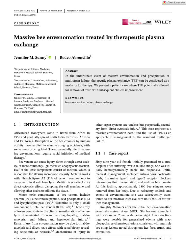 Bee Envenomation: Therapeutic Plasma Exchange | PDF | Creatinine ...