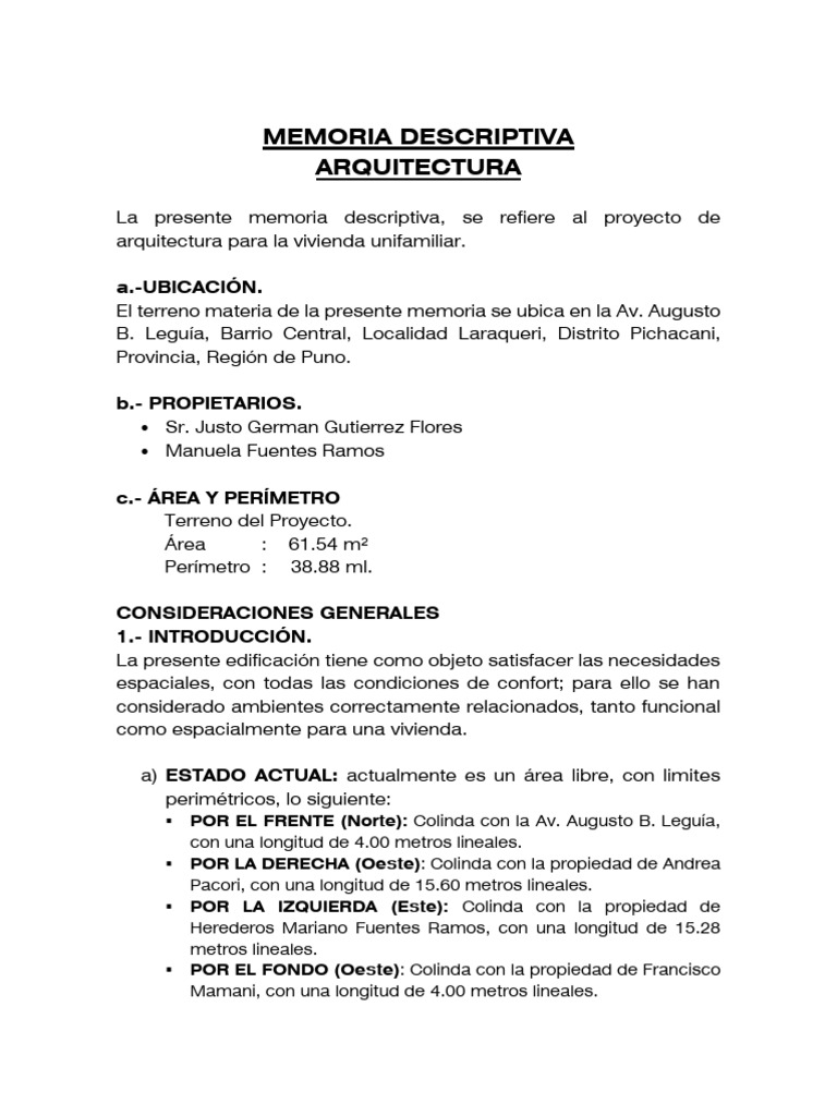 Memoria Descriptiva Arquitectura | PDF | Albañilería | Bienes raíces