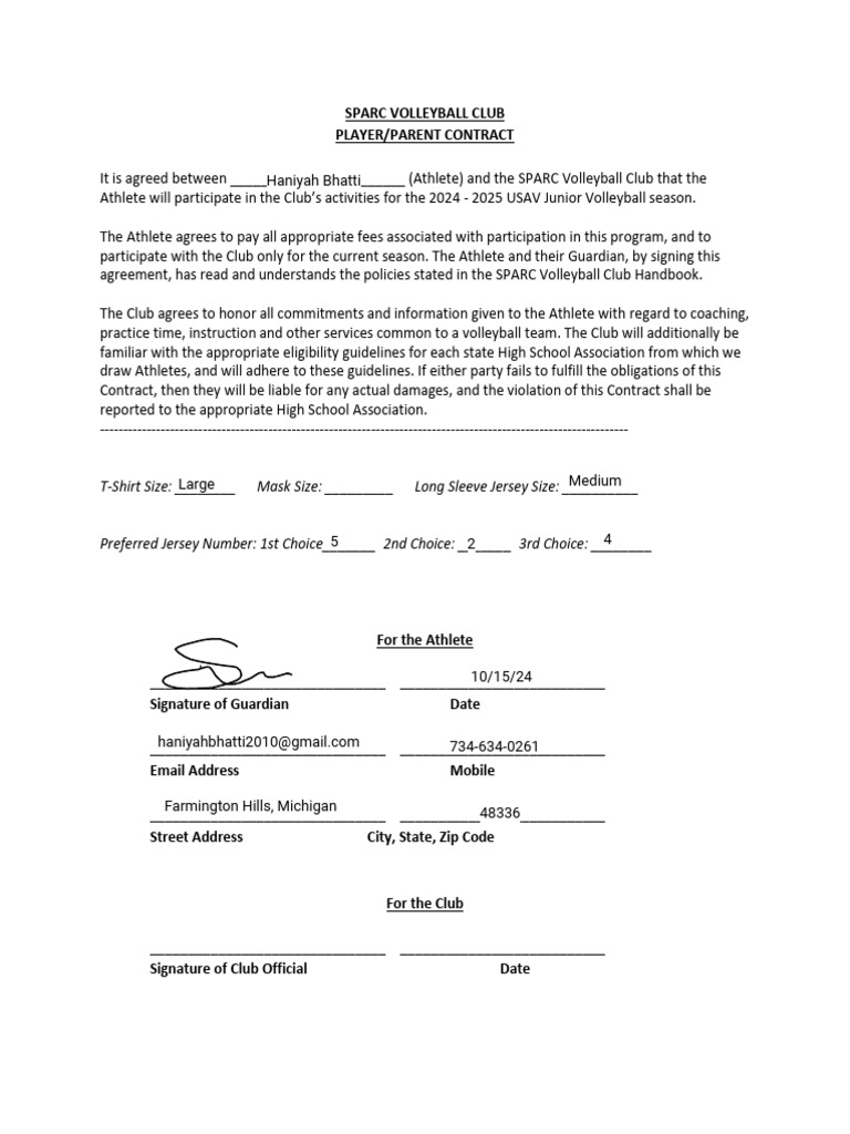 Kami Export - SPARC Volleyball Club Player Parent Contract | PDF ...