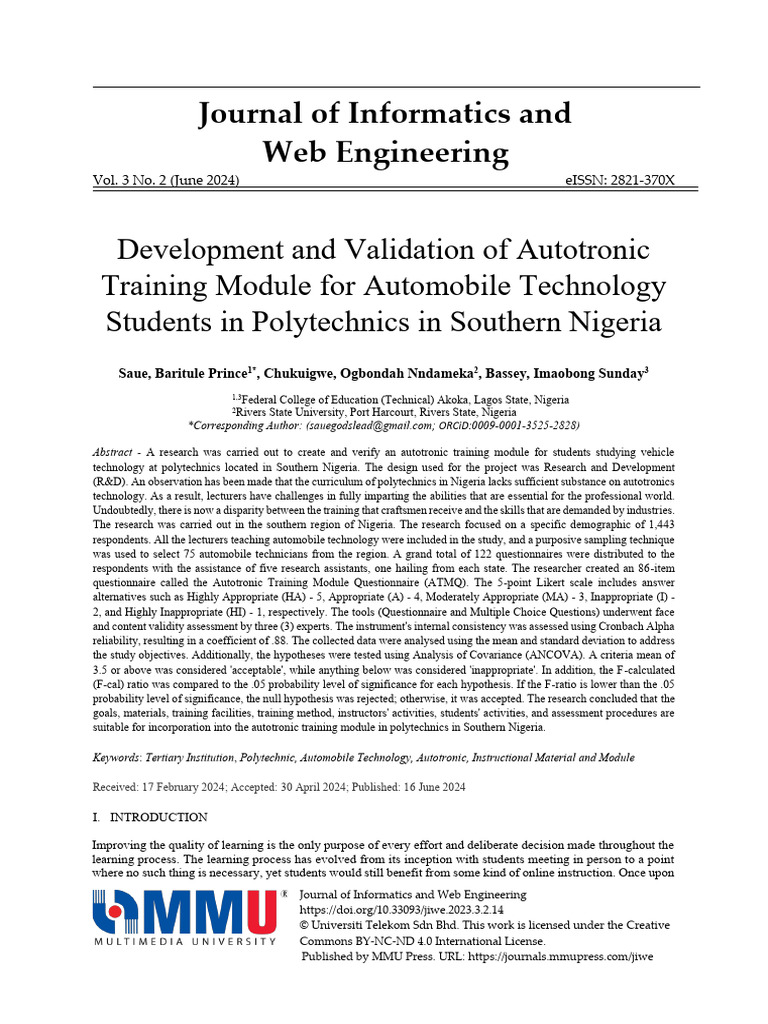 Development and Validation of Autotronic Training Module For Automobile ...