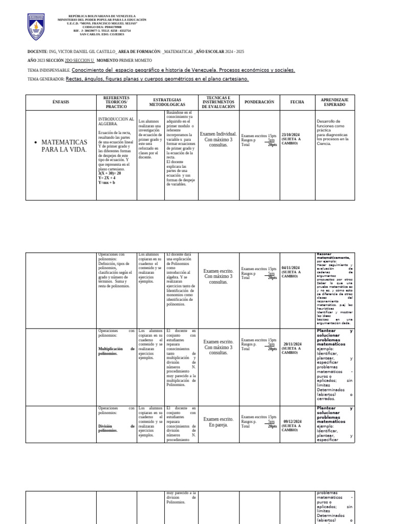PLANIFICACION MATEMATICA 2do SECCION U 2024 2025 PRIMER MOMENTO VICTOR GIL | PDF | Matemáticas ...