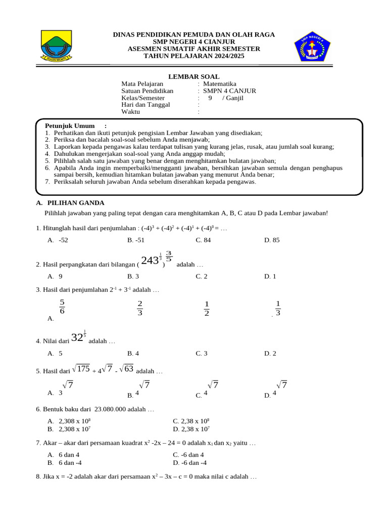 Soal Pas Kurtilas Kelas 9 2024-2025 | PDF