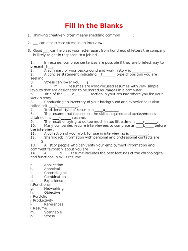 Fill in The Blanks | PDF | Résumé | Nonverbal Communication
