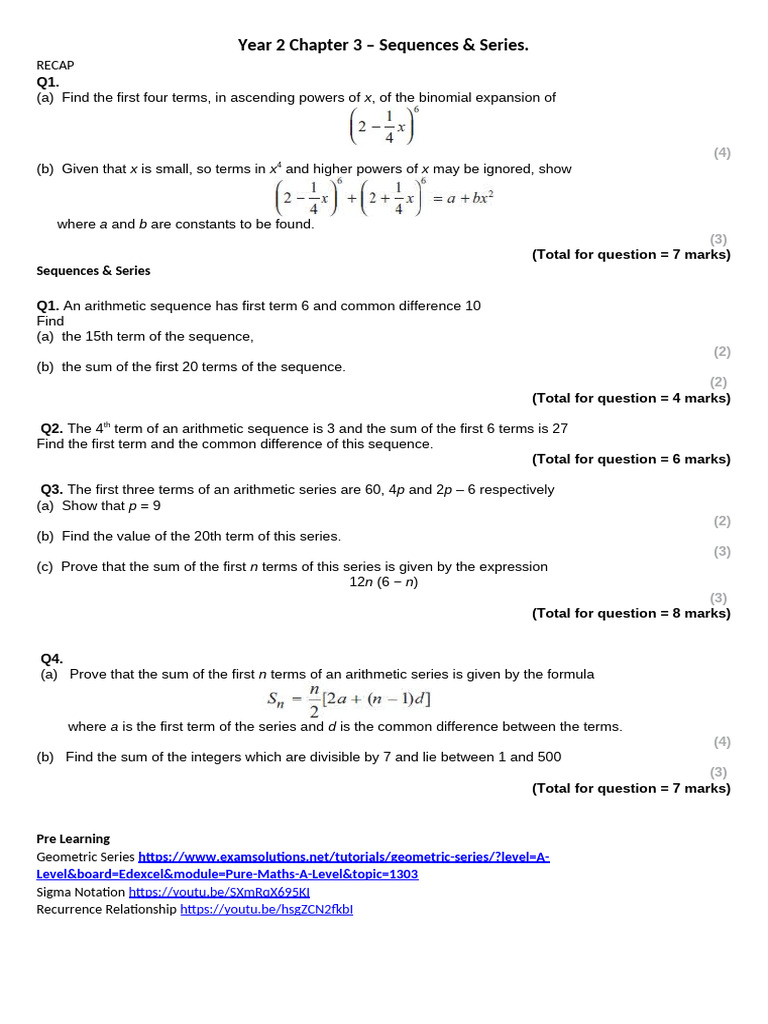 Arithmetic Sequences - Series 1 HW | PDF | Summation | Sequence