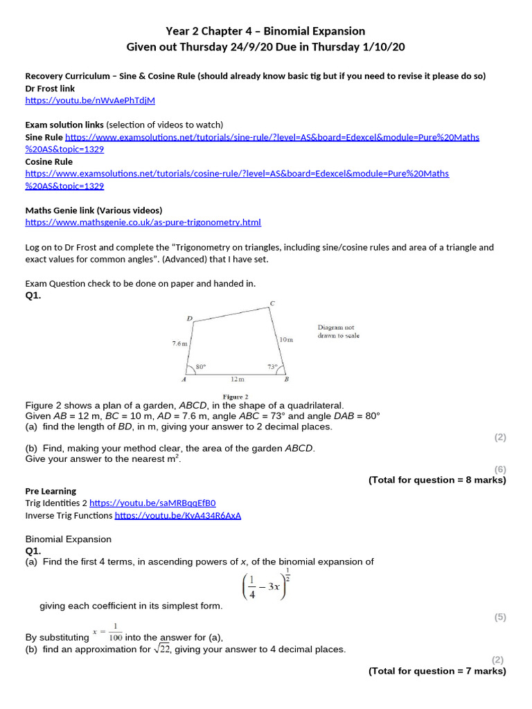 Binomial Expansion HW and Recovery and Answers | PDF | Trigonometry ...