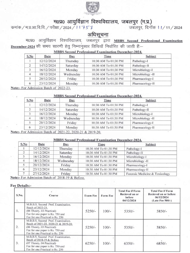 MBBS 2prof (Batch 2022-23, 2021-22, 2020-21, 2019-20, 2018-19 & Before) Time Table (Dec 2024 ...