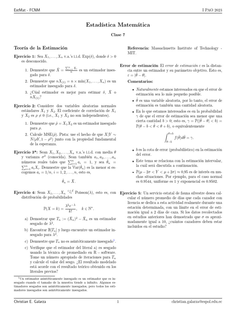 Clase 07 EstMat | PDF | Teoría de la estimación | Probabilidad