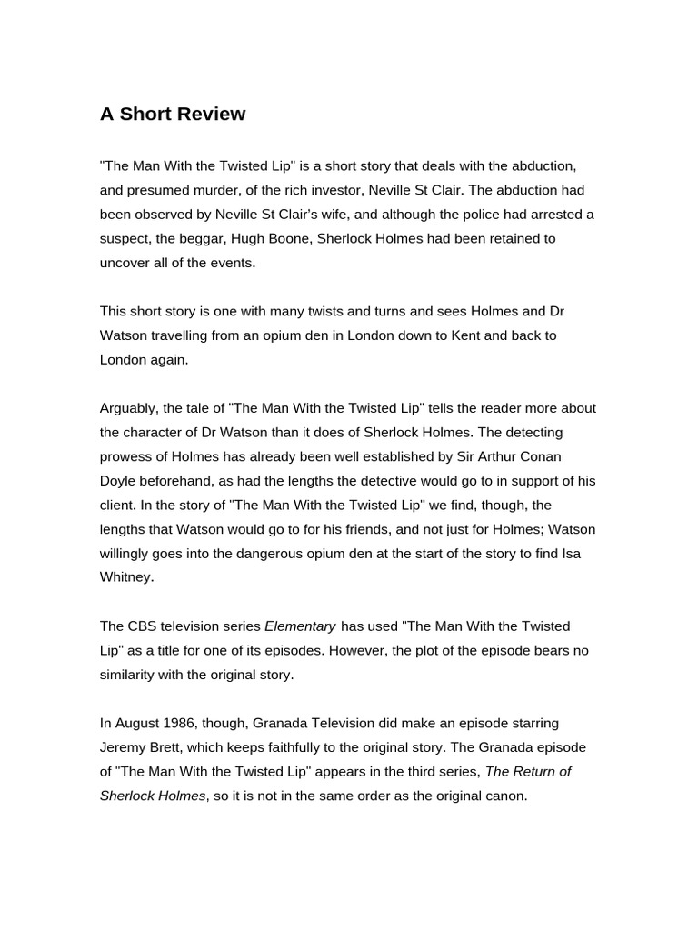 A Short Review The Man With The Twisted Lip | PDF | The Strand Magazine ...