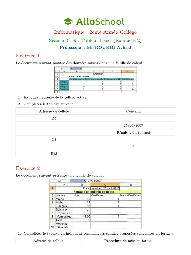 Seance 3 1 10 Tableur Excel Exercices 2 1 | PDF
