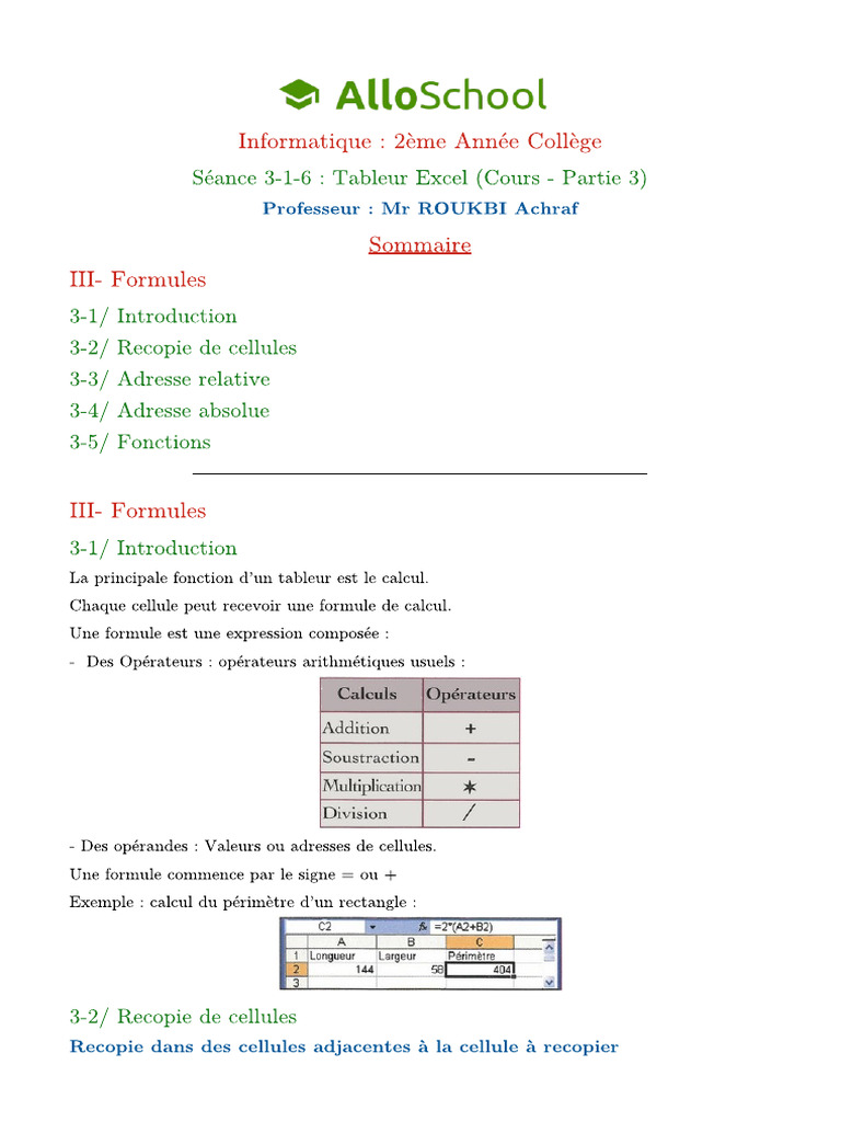 Seance 3 1 6 Tableur Excel Cours Partie 3 | PDF