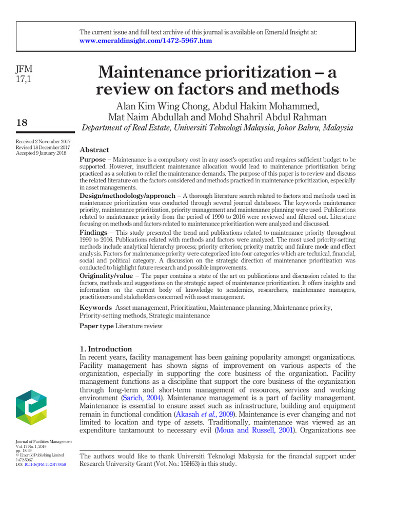 Maintenance Prioritization - A Review On Factors and Methods | PDF ...