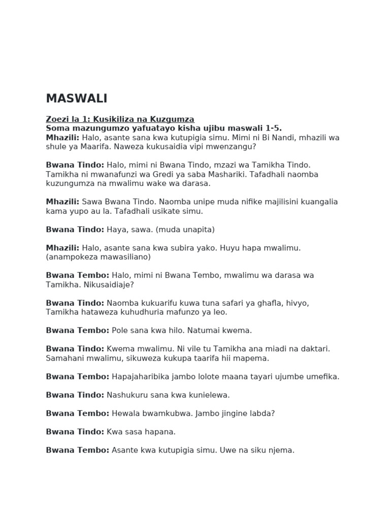 Maswali Ya Kiswahili Gredi Ya Saba | PDF