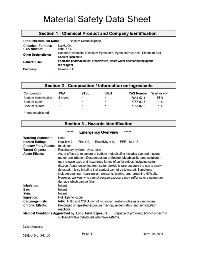 Sodium Metabisulphite MSDS Overview | PDF | Sulfur Dioxide | Sodium
