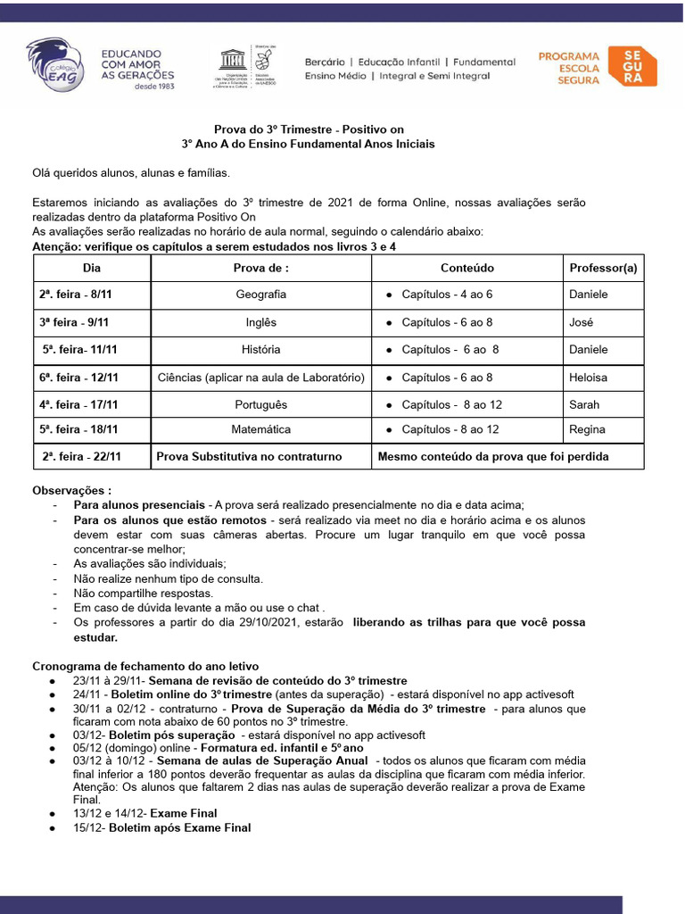 Cronograma de Provas para o 3º Trimestre 3A | PDF | Carreira e Crescimento