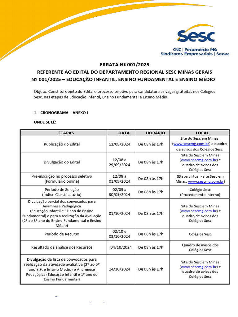 ColegioSesc Errata 001-2025 | PDF | Pedagogia