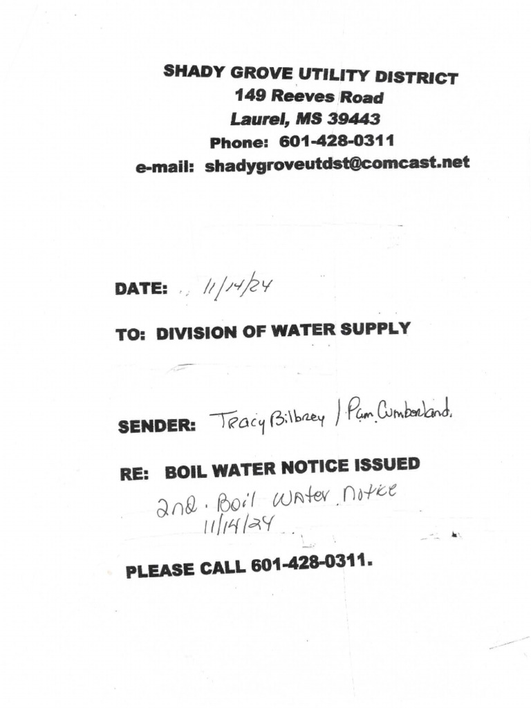 Shady Grove Utility District Boil Water Notice | PDF