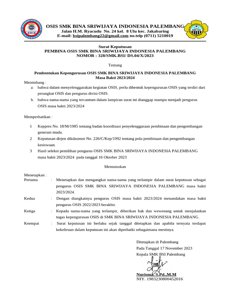 SK Pengangkatan OSIS BSI 2023 | PDF