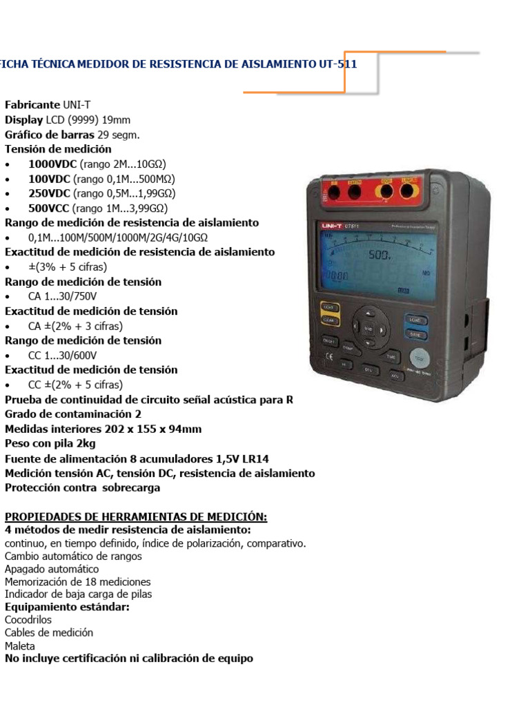 Ficha Tecnica MEDIDOR DE RESISTENCIA DE AISLAMIENTO UT-511 | PDF