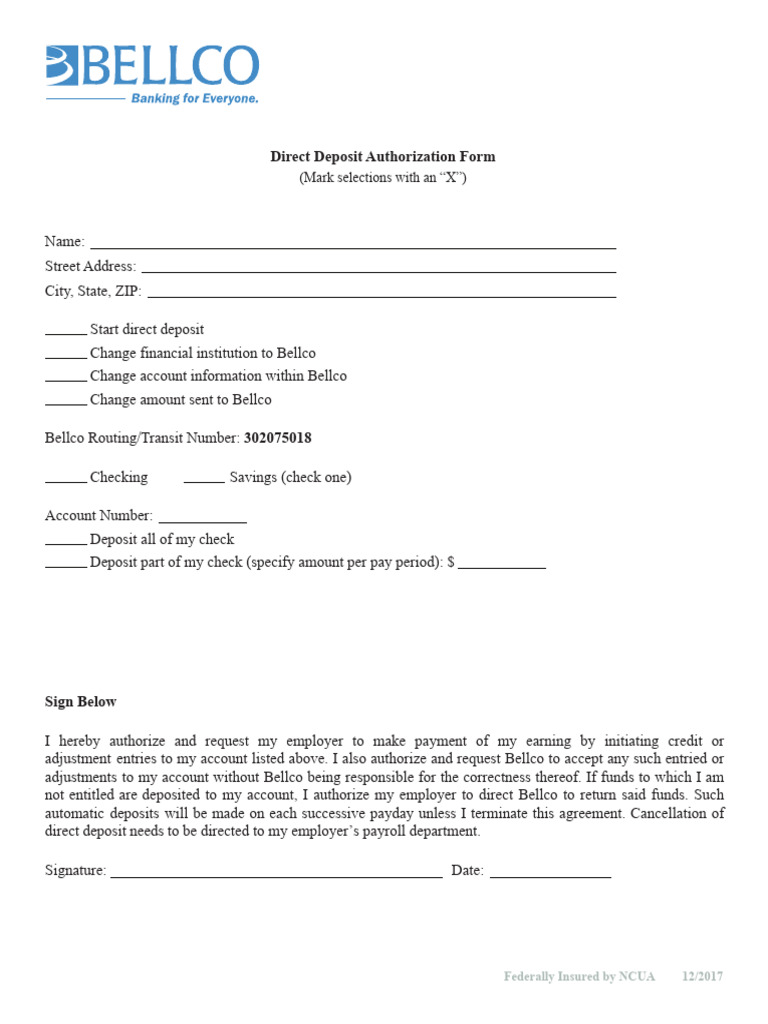 Bellco Direct Deposit Form | PDF | Finance & Money Management | Law
