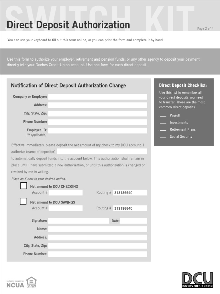 Doches Credit Union Direct Deposit Authorization Form | PDF