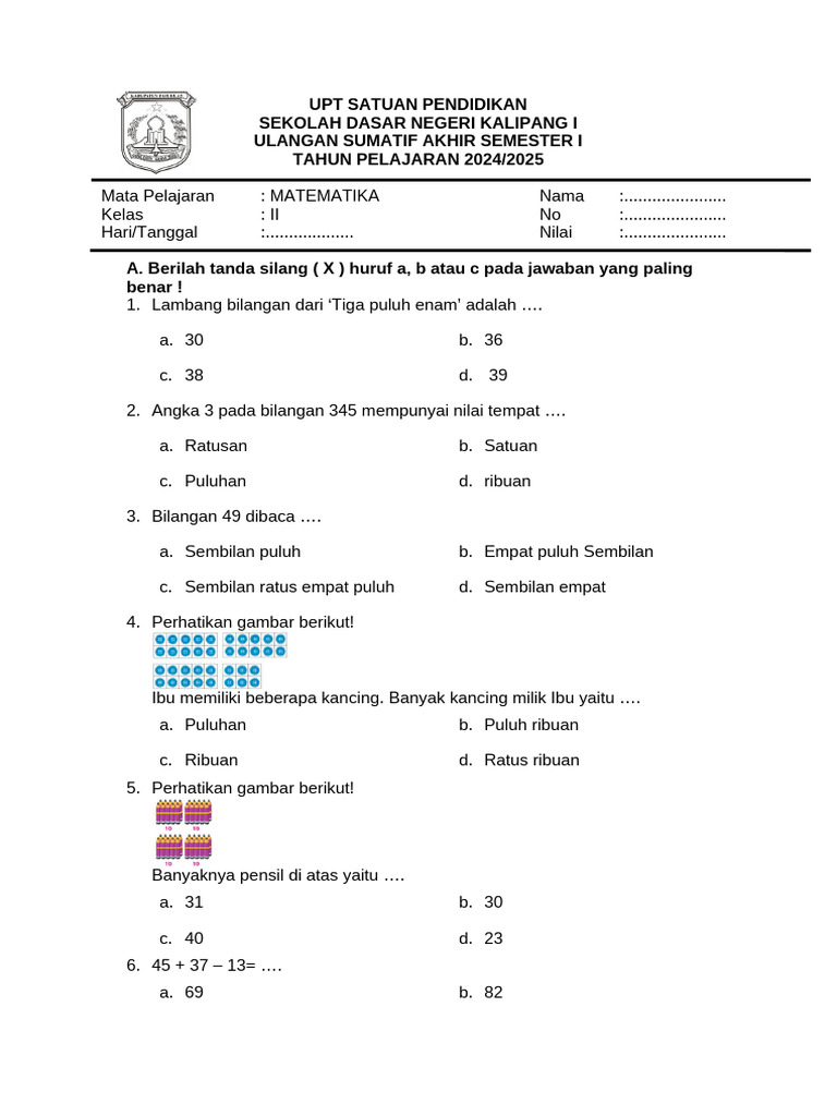 Soal Asas Ganjil Matematika Kelas 2 | PDF