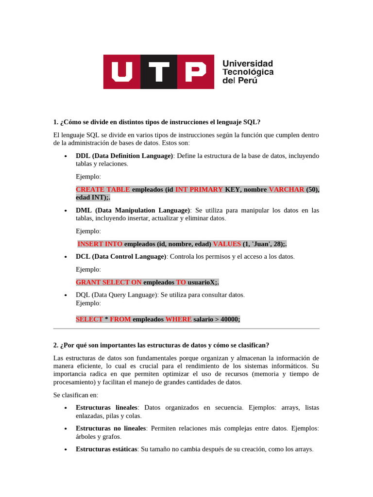 Tipos de Instrucciones SQL y Estructuras de Datos | PDF | SQL | Bases de datos