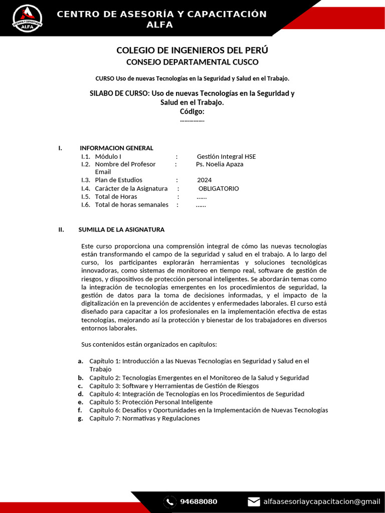 REVISADO SYLLABUS Uso de Nuevas Tecnologías en La Seguridad y Salud en ...