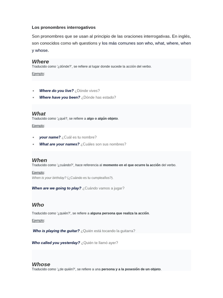 Guía de Pronombres Interrogativos | PDF | Artes del Lenguaje y Comunicación