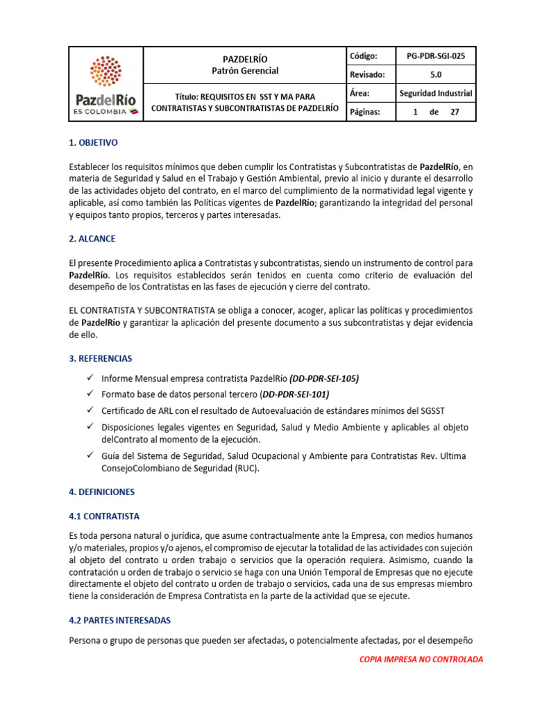 2022 PG-PDR-SGI-025 Requisitos en SST y MA para Contratistas y ...