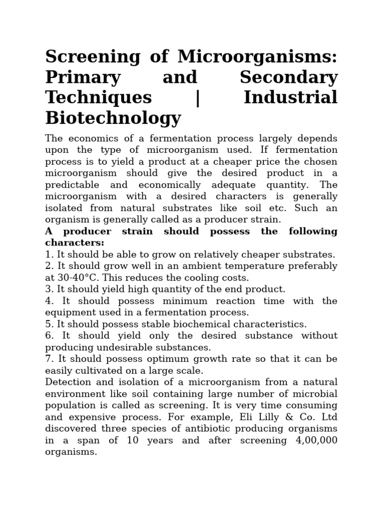 Screening of Microorganisms Industrial Biotechnology | PDF | Growth ...
