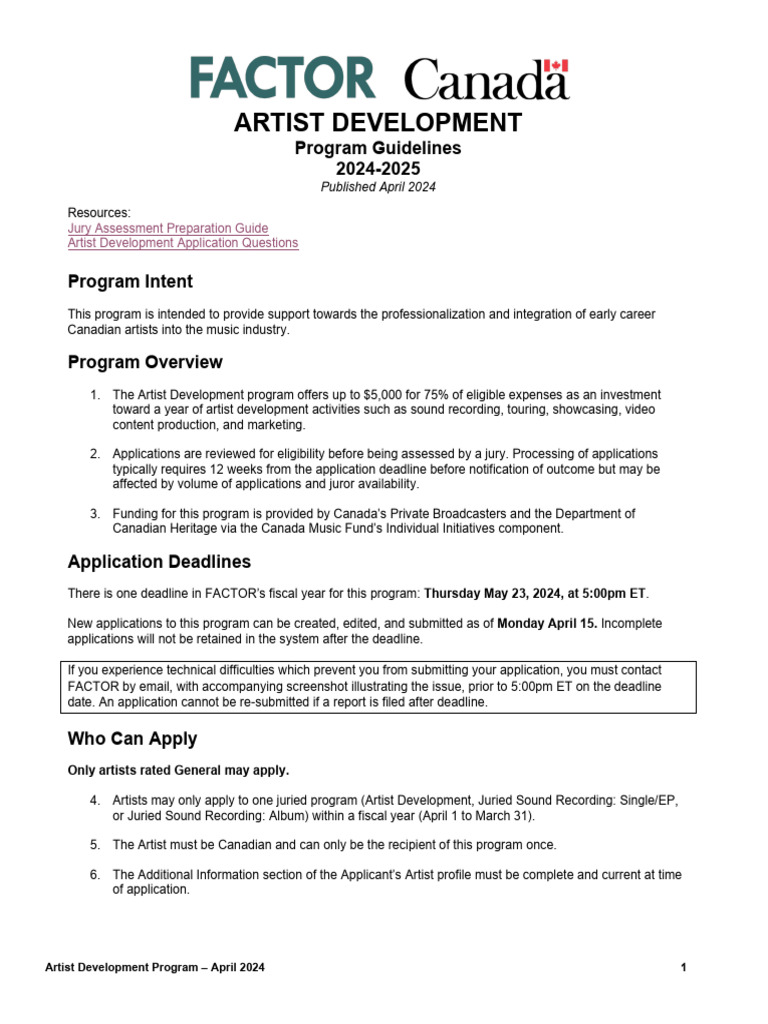 FACTOR Artist Development Program Guidelines | PDF | Cost Of Living ...