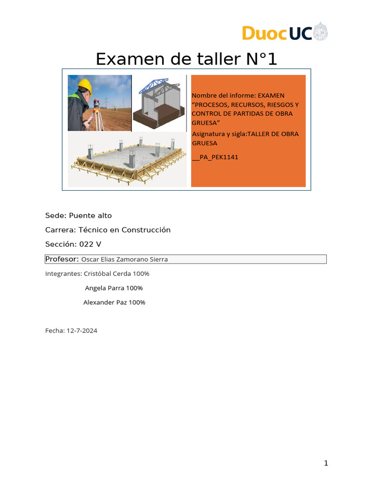 Examen de Taller N°1: Nombre Del Informe: EXAMEN "Procesos, Recursos, Riesgos Y Control de ...