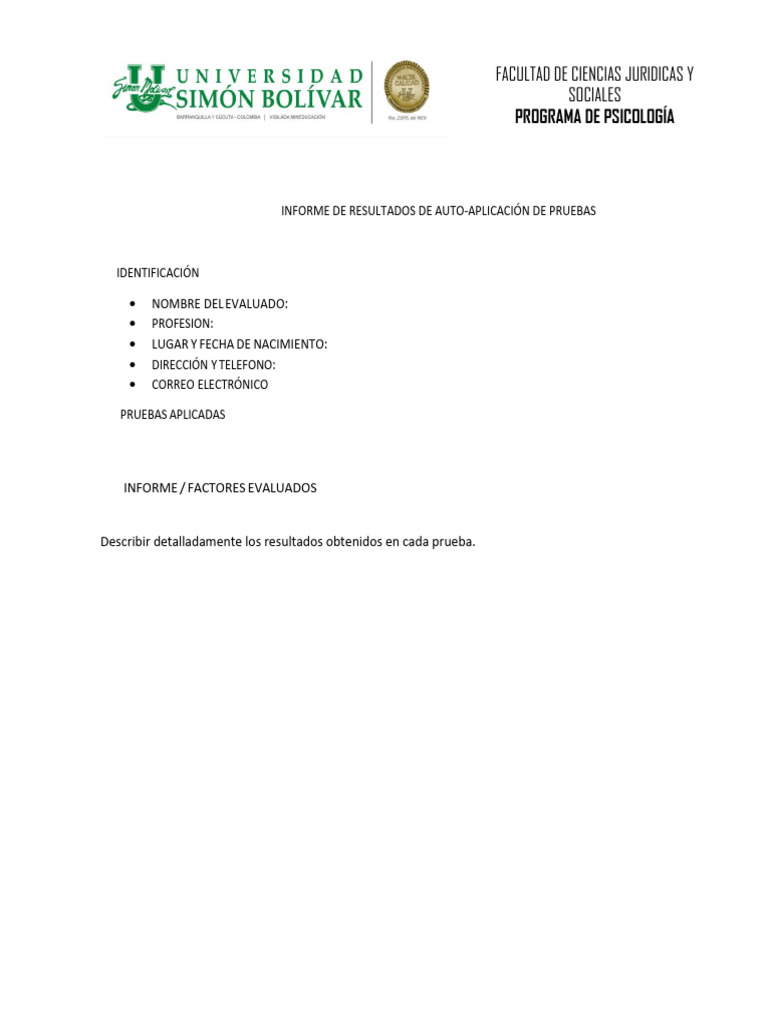 Modelo de Informe de Auto-Aplicación de Pruebas 2do Corte | PDF