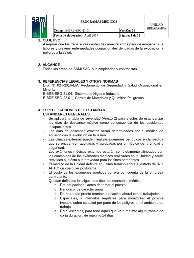 E BRE SEG 21.01 Programas Medicos | PDF | Mano | Higiene Ocupacional
