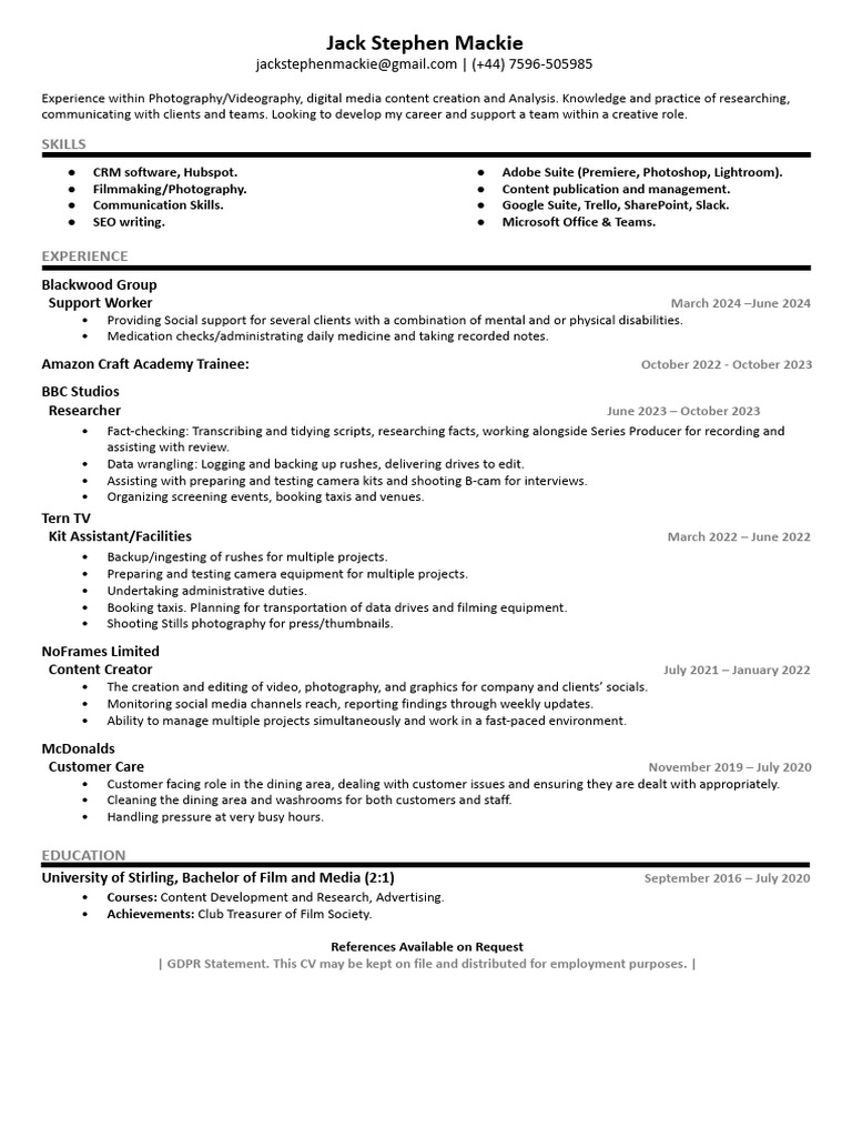 Jack Mackie's Creative Media CV | PDF | Computing
