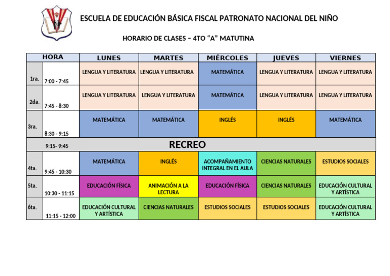 Horario de Clases Cuarto Grado | PDF