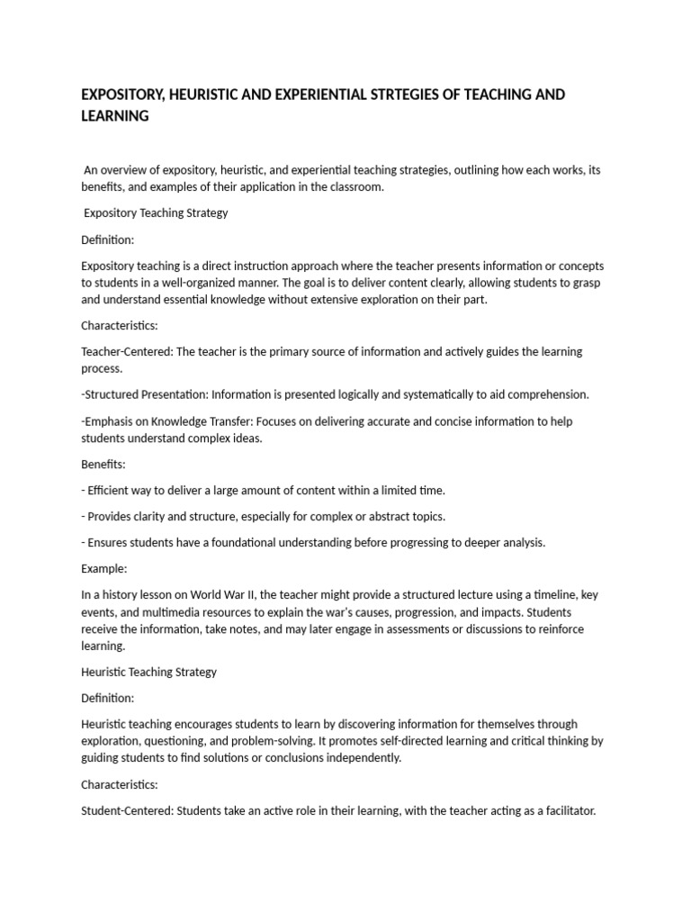 Expository, Heuristic and Experiential Teaching and Learning-1 | PDF ...