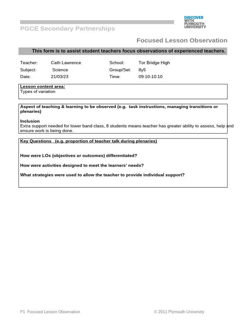 P2 Focused Lesson Obs - Inclusion 06-02-23 P1 8y5 | PDF